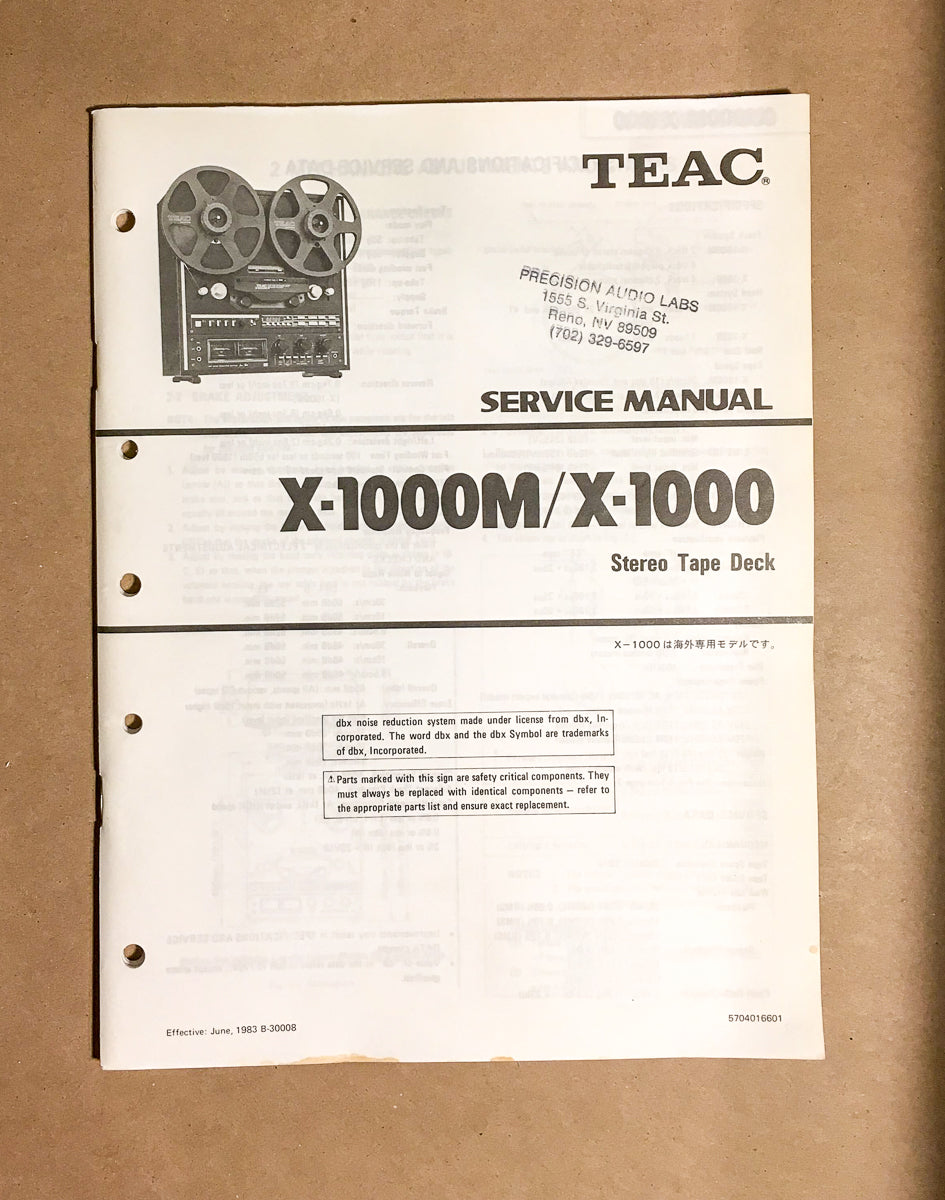 Teac X-1000M X-1000 Reel to Reel Service Manual *Original* – Vintage ...
