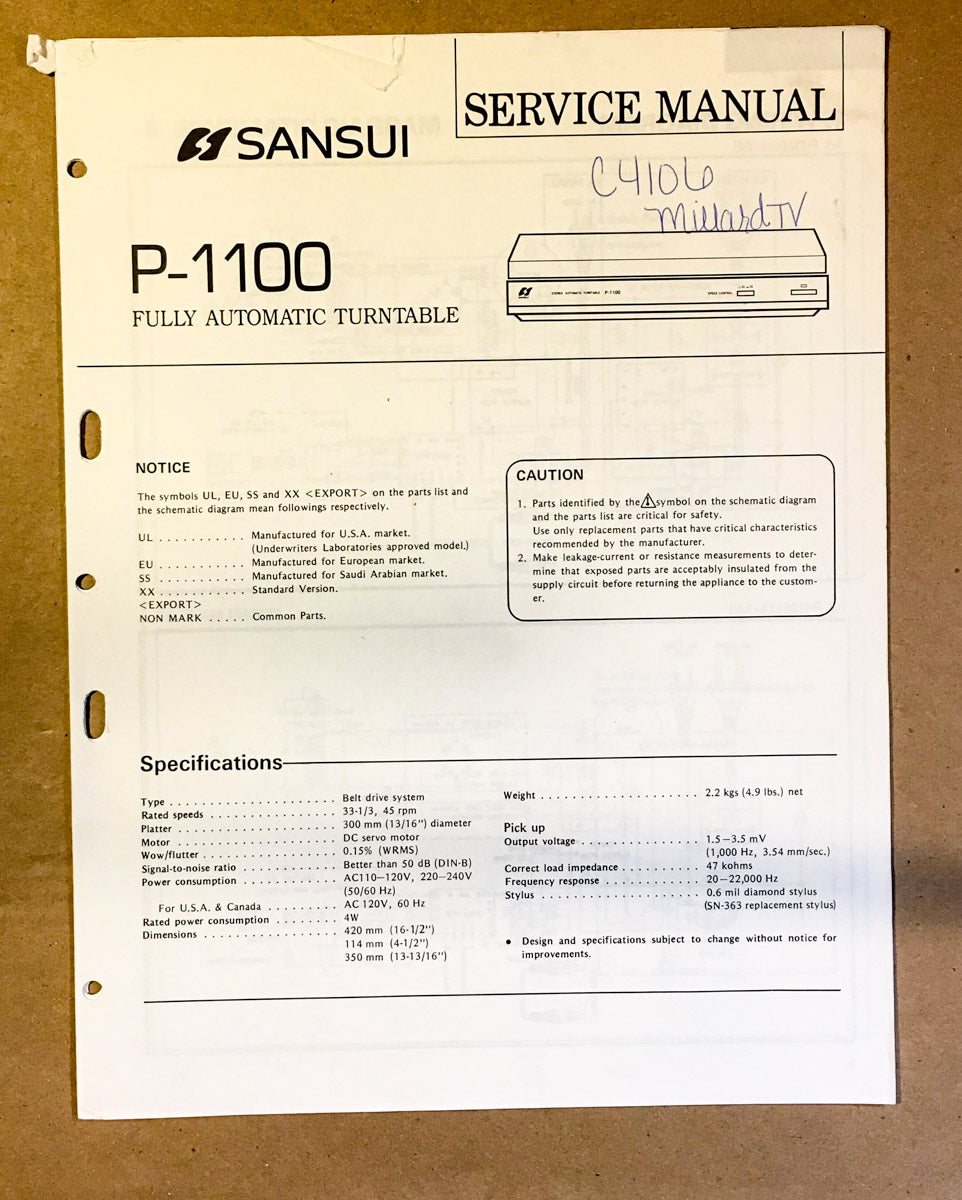 Sansui P-1100 Record Player / Turntable Service Manual *Original ...