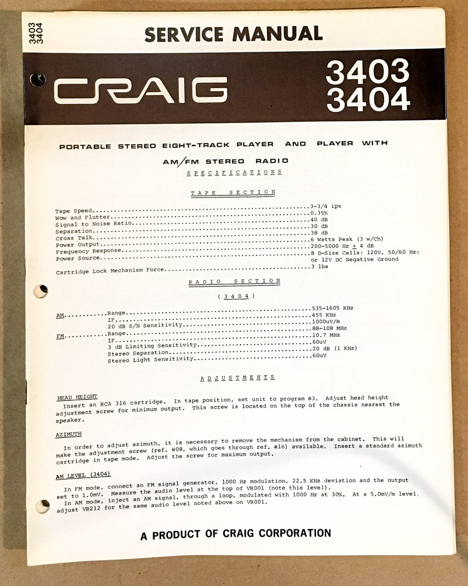 Craig Model 3403 3404 8 Track Stereo Service Manual *Original ...