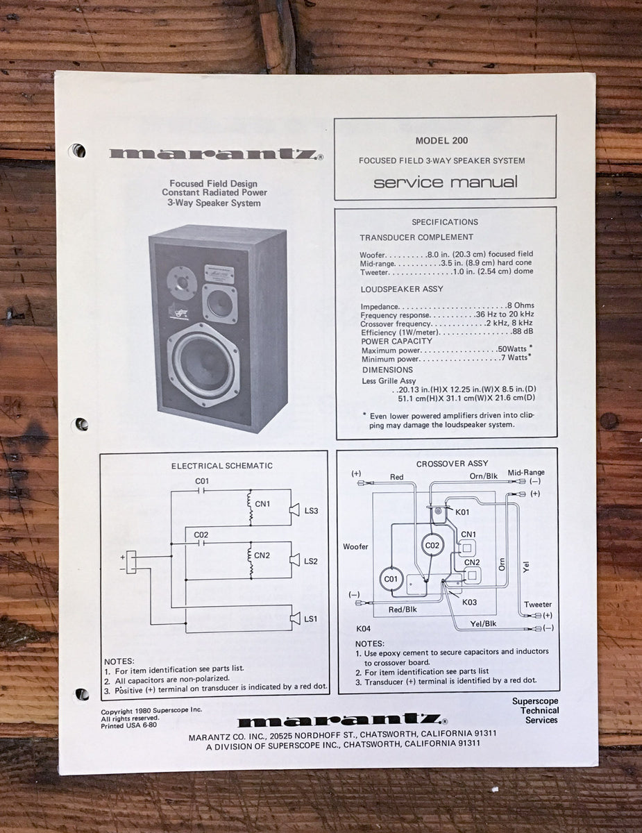 Marantz Model 200 Speaker Service Sheet *Original* – Vintage Audio ...