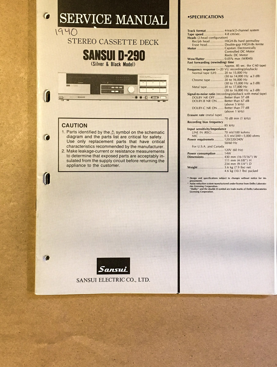 Sansui D-290 Cassette / Tape Player Service Manual *Original* #2 ...