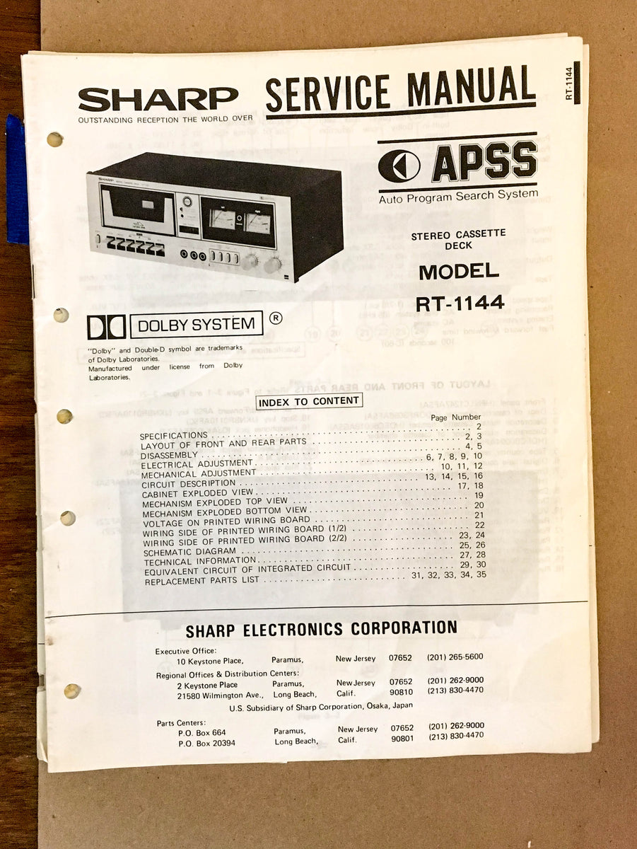 Sharp RT-1144 Cassette Deck Service Manual *Original* – Vintage Audio ...