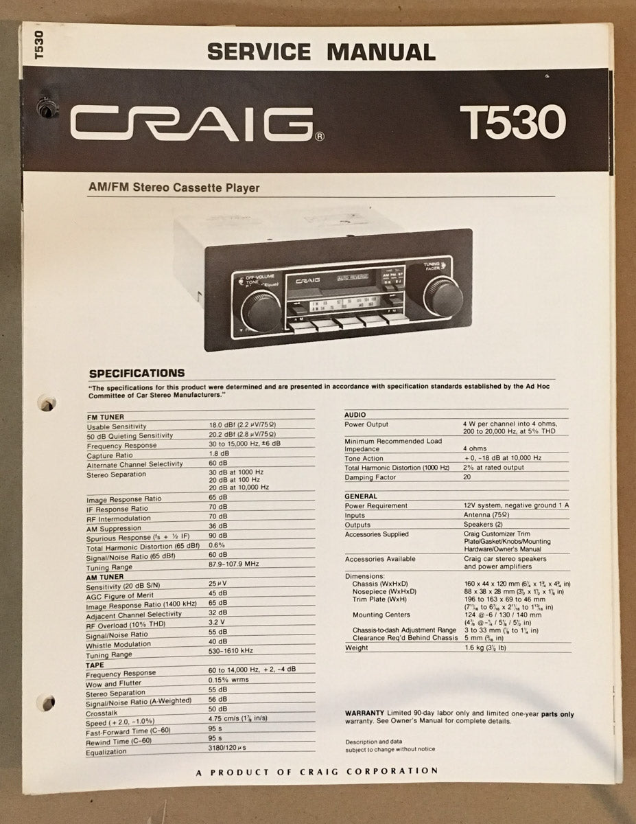 Craig Model T530 Car Stereo / Cassette Service Manual *Original ...