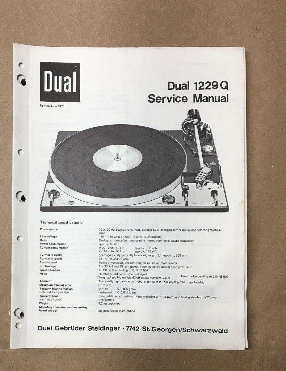 Dual Model 1229Q Record Player / Turntable Service Manual *Original ...