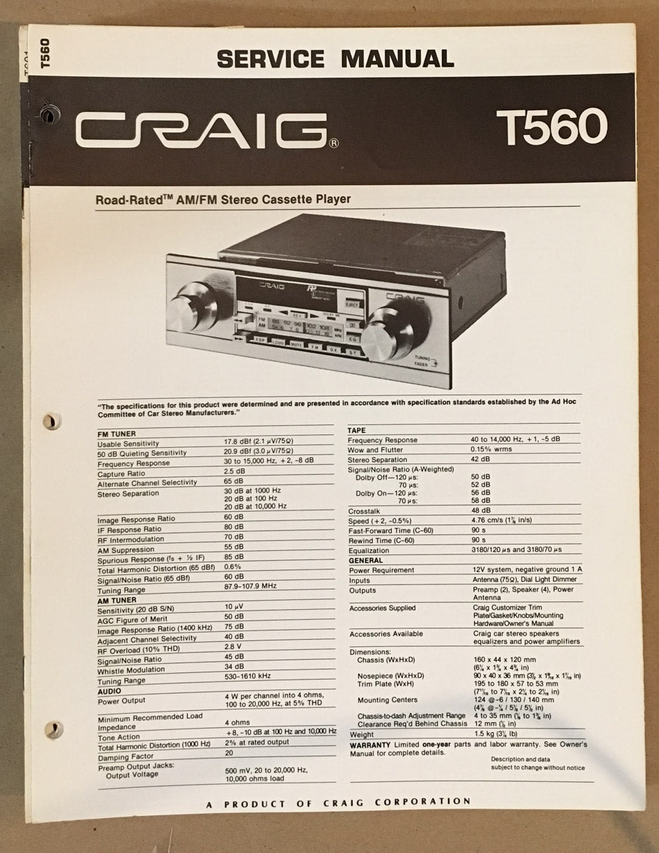 Craig Model T560 Car Stereo / Cassette Service Manual *Original ...