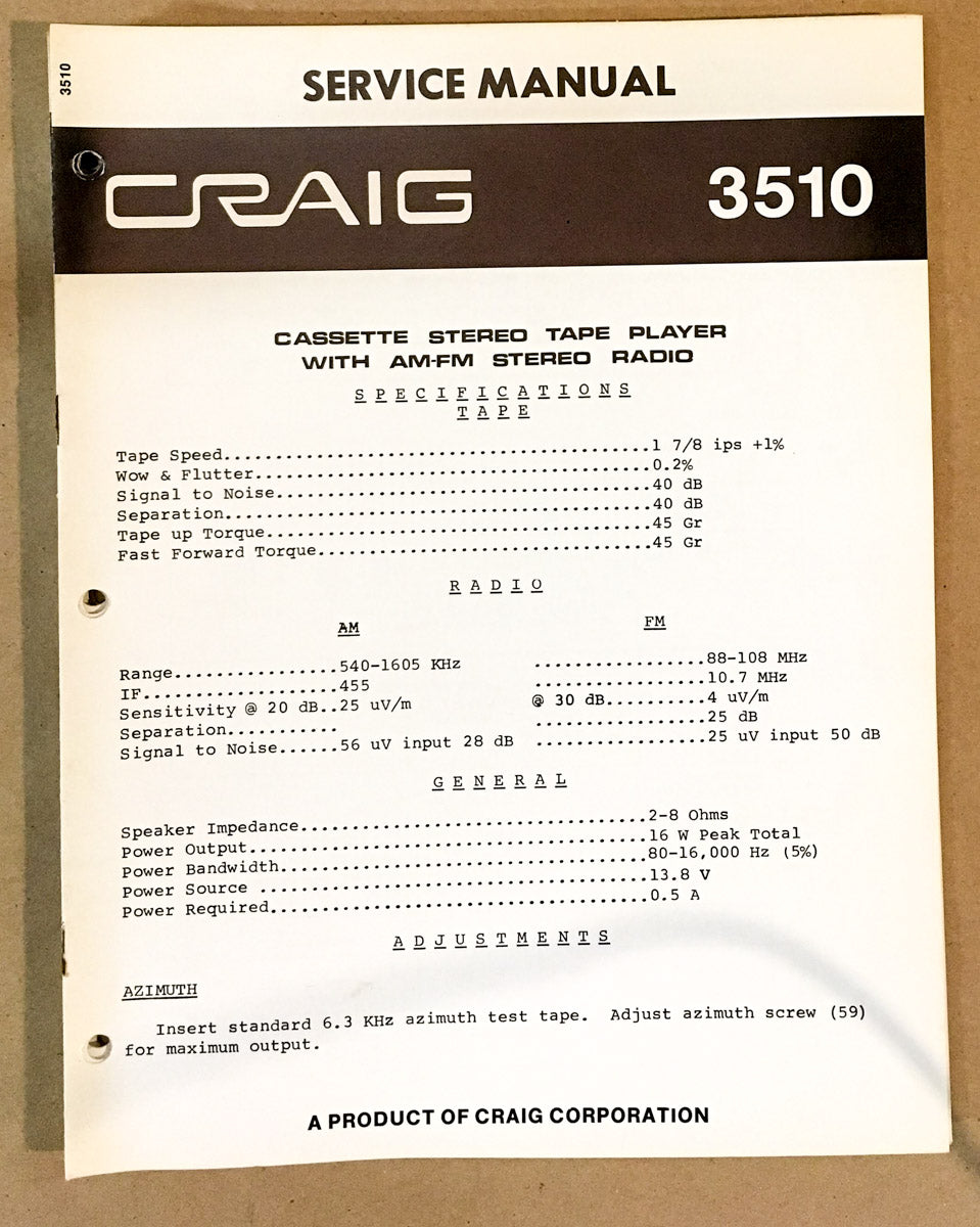 Craig Model 3510 8 Track Stereo Service Manual *Original* – Vintage ...