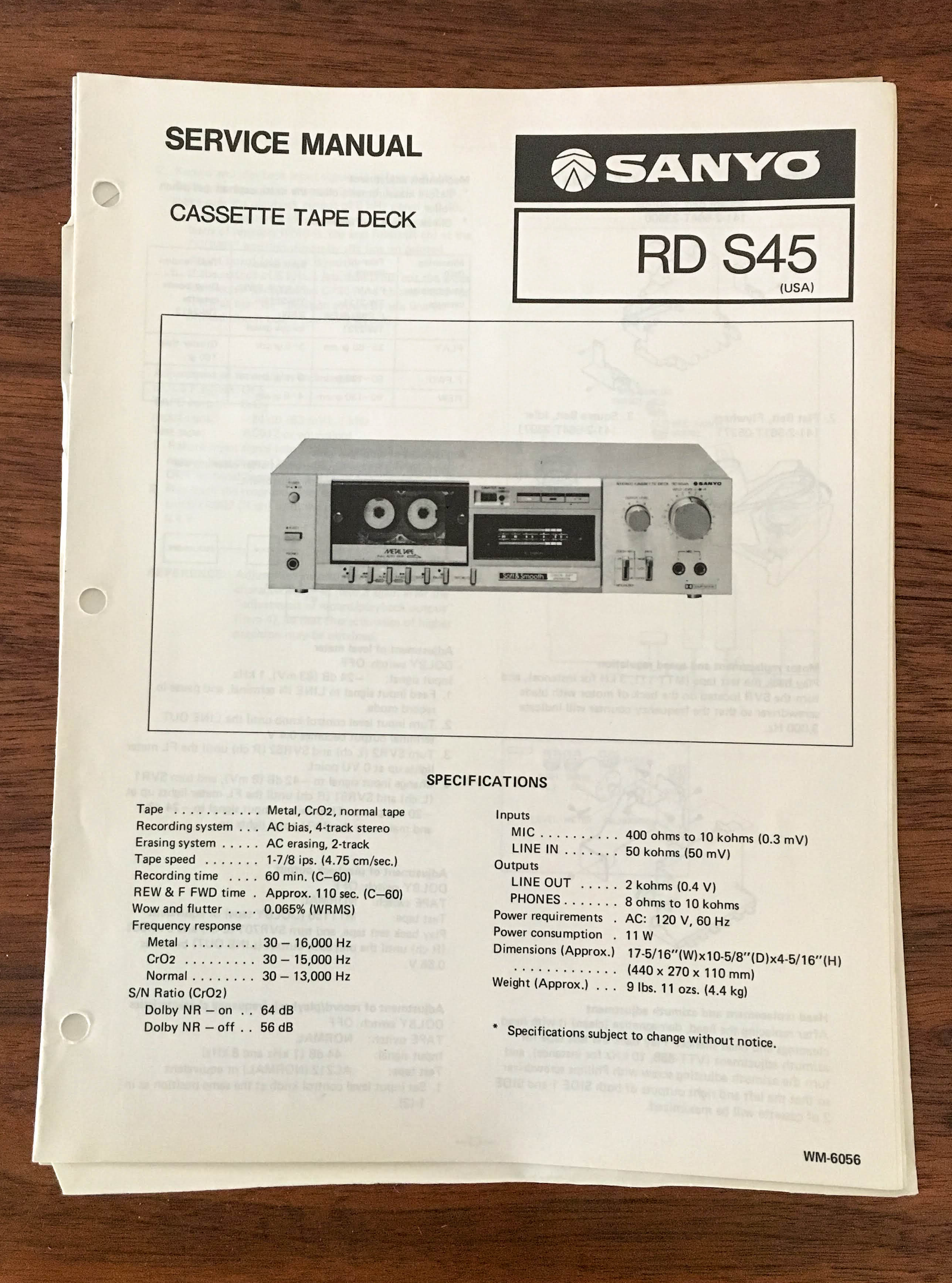 Sanyo RD S45 Cassette Deck Service Manual *Original* – Vintage Audio ...
