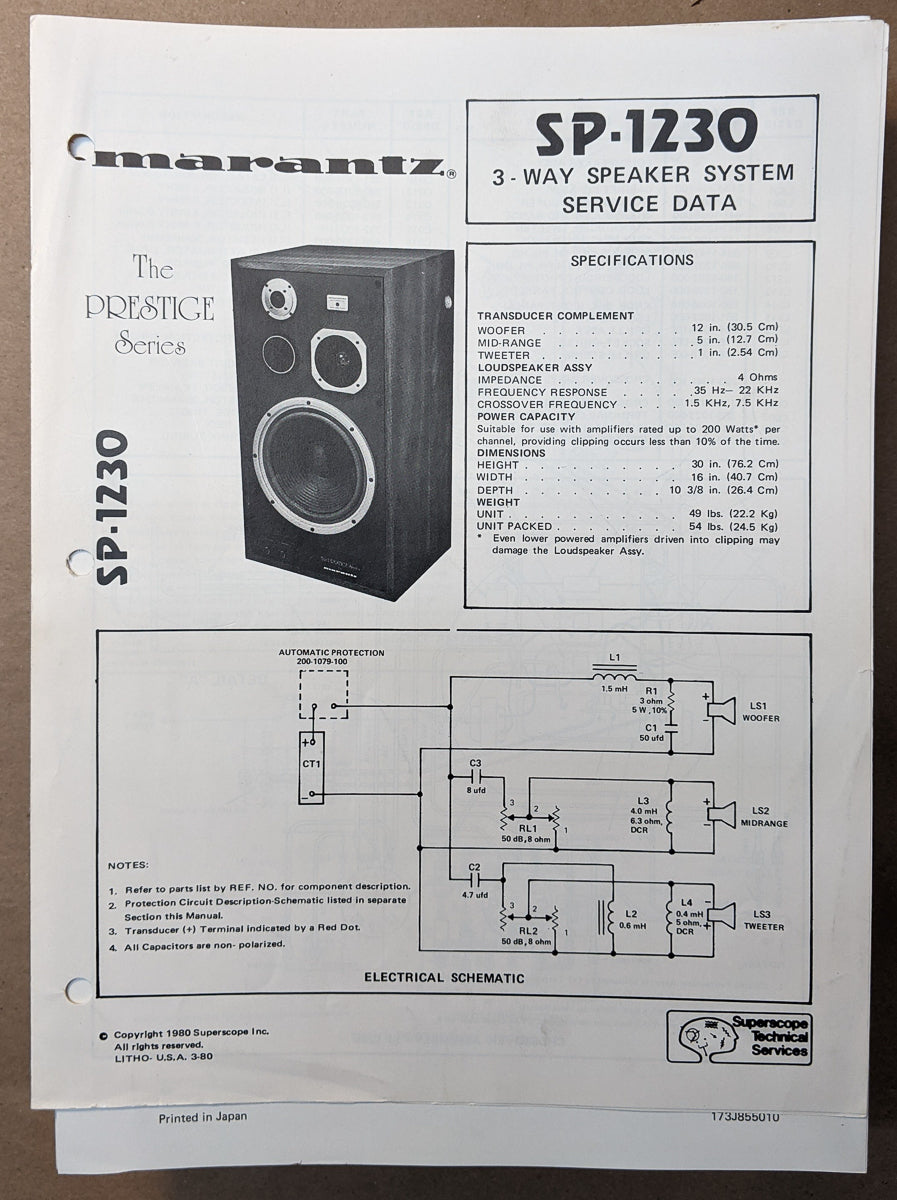 *Original* Marantz SP-1230 Speaker Service Manual – Vintage Audio Store ...