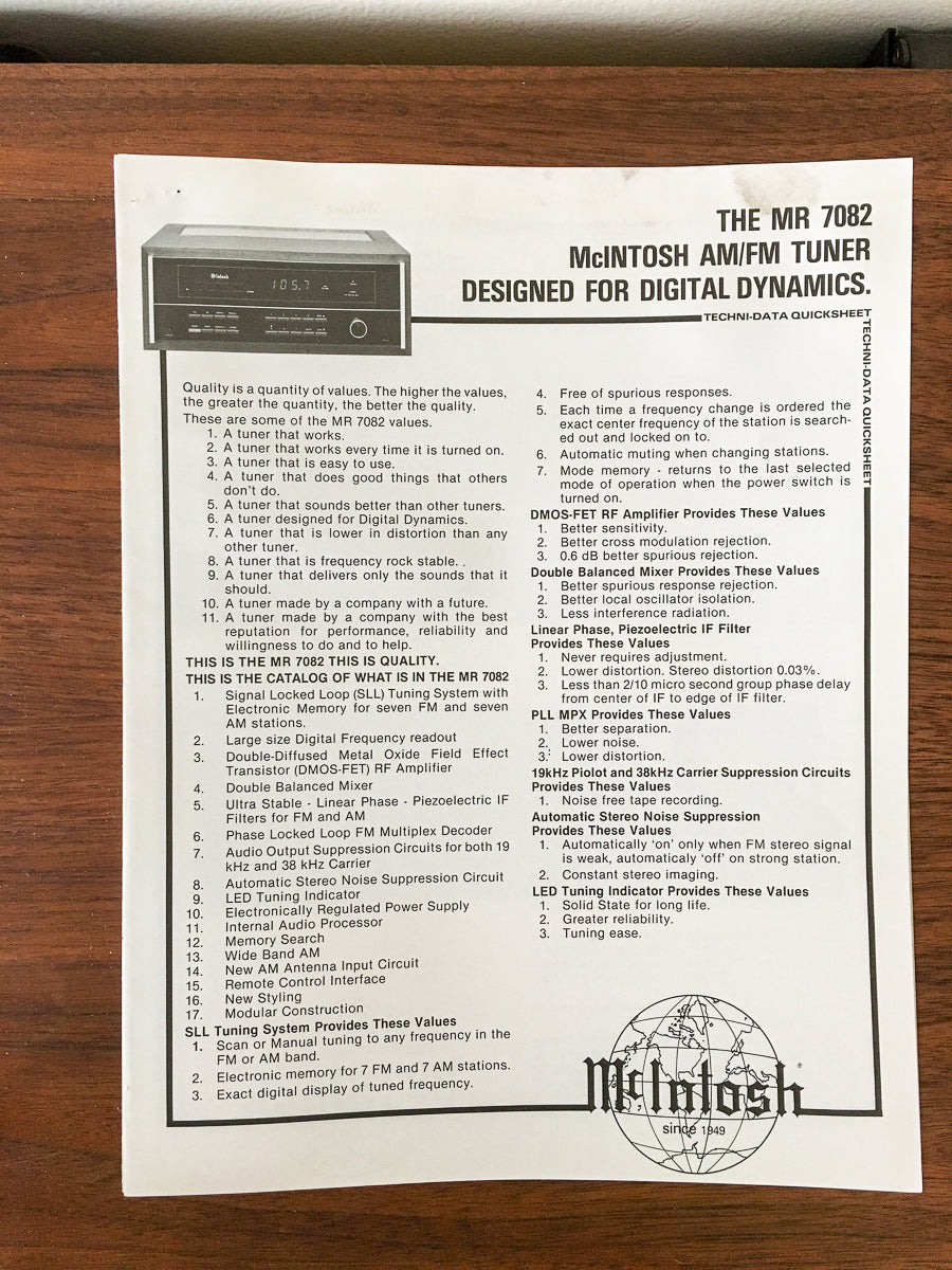 McIntosh MR 7082 Tuner Dealer Spec Sheet *Original* – Vintage Audio ...