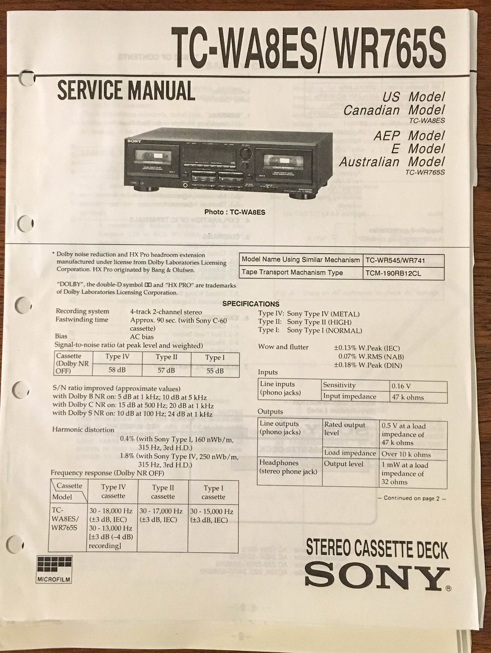 Sony TC-WA8ES TC-WR765S Tape Cassette Service Manual *Original ...