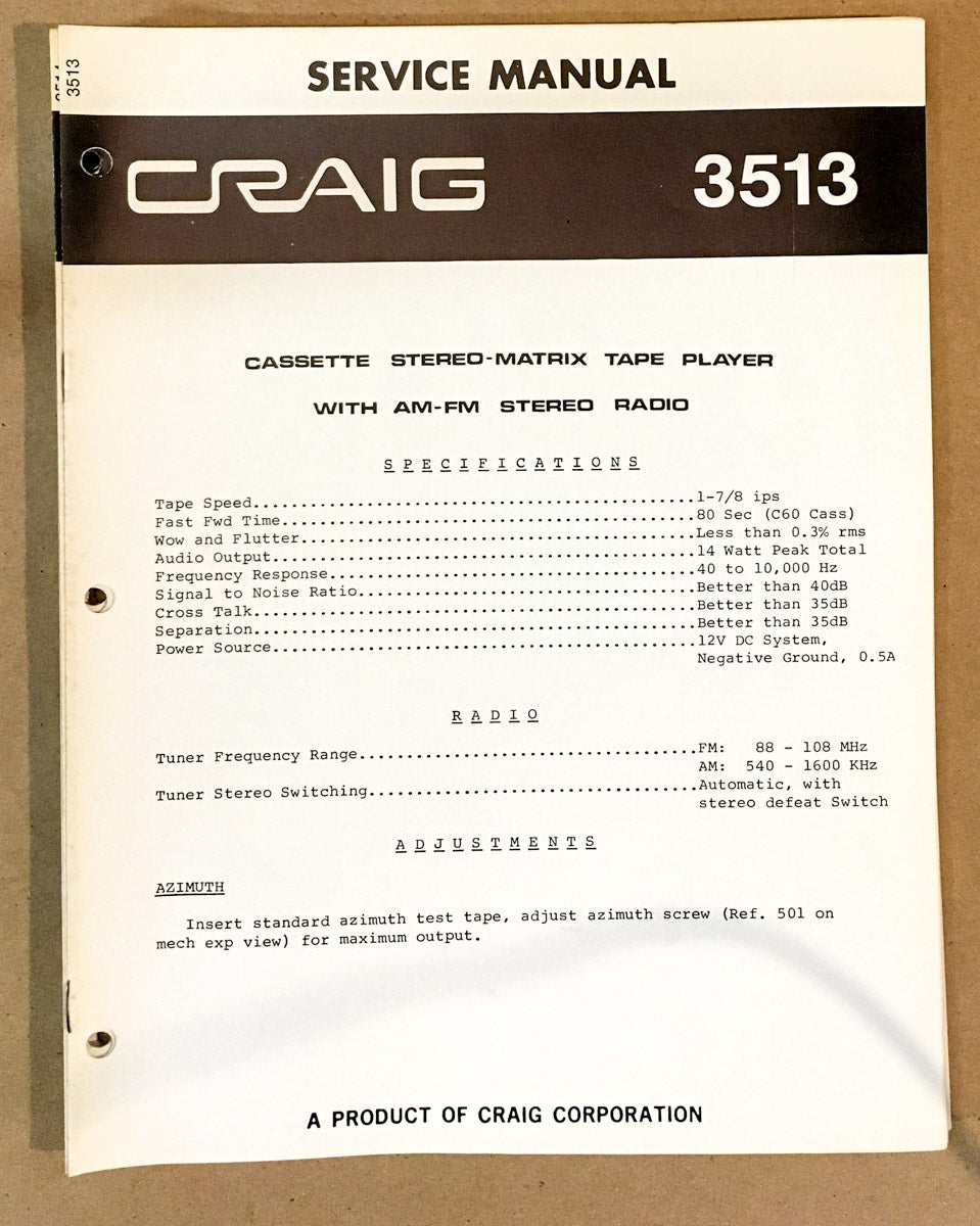 Craig Model 3513 8 Track Stereo Service Manual *Original* – Vintage ...