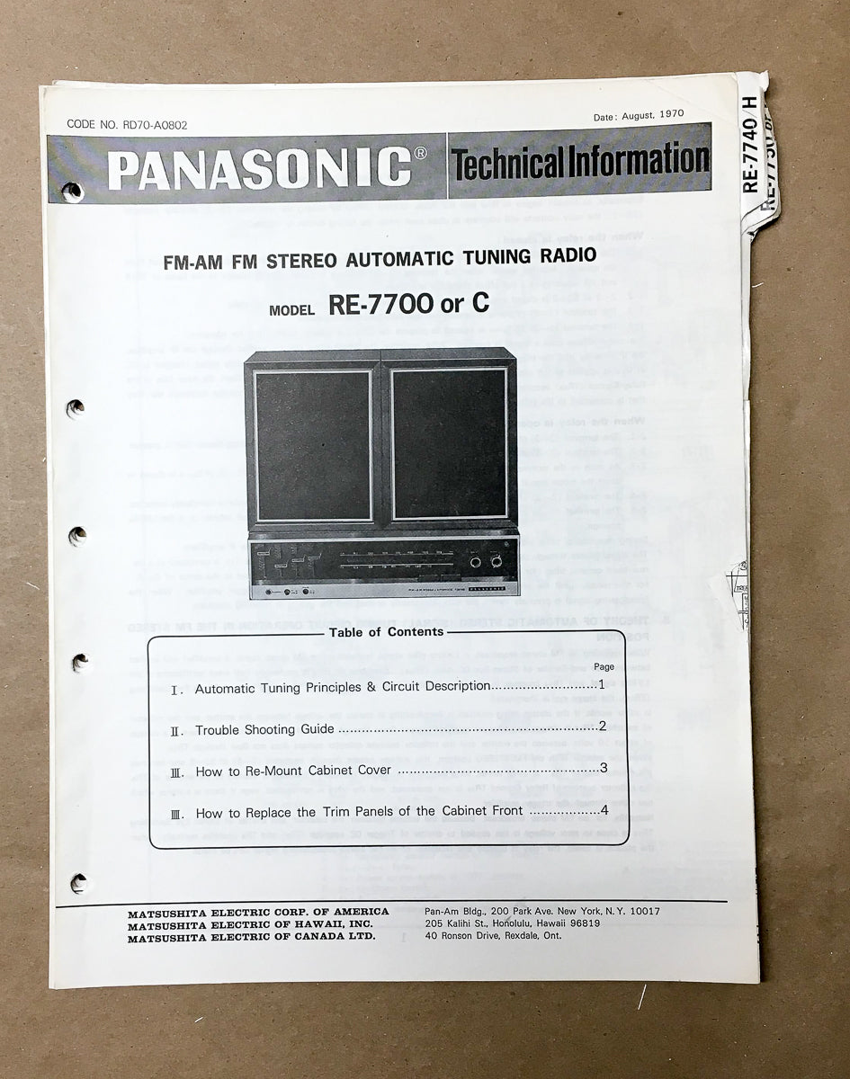 Panasonic RE-7700 RE-7700C Radio / Stereo Service Manual *Original ...