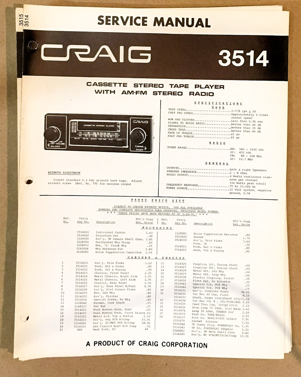 Craig Model 3514 8 Track Stereo Service Manual *Original* – Vintage ...