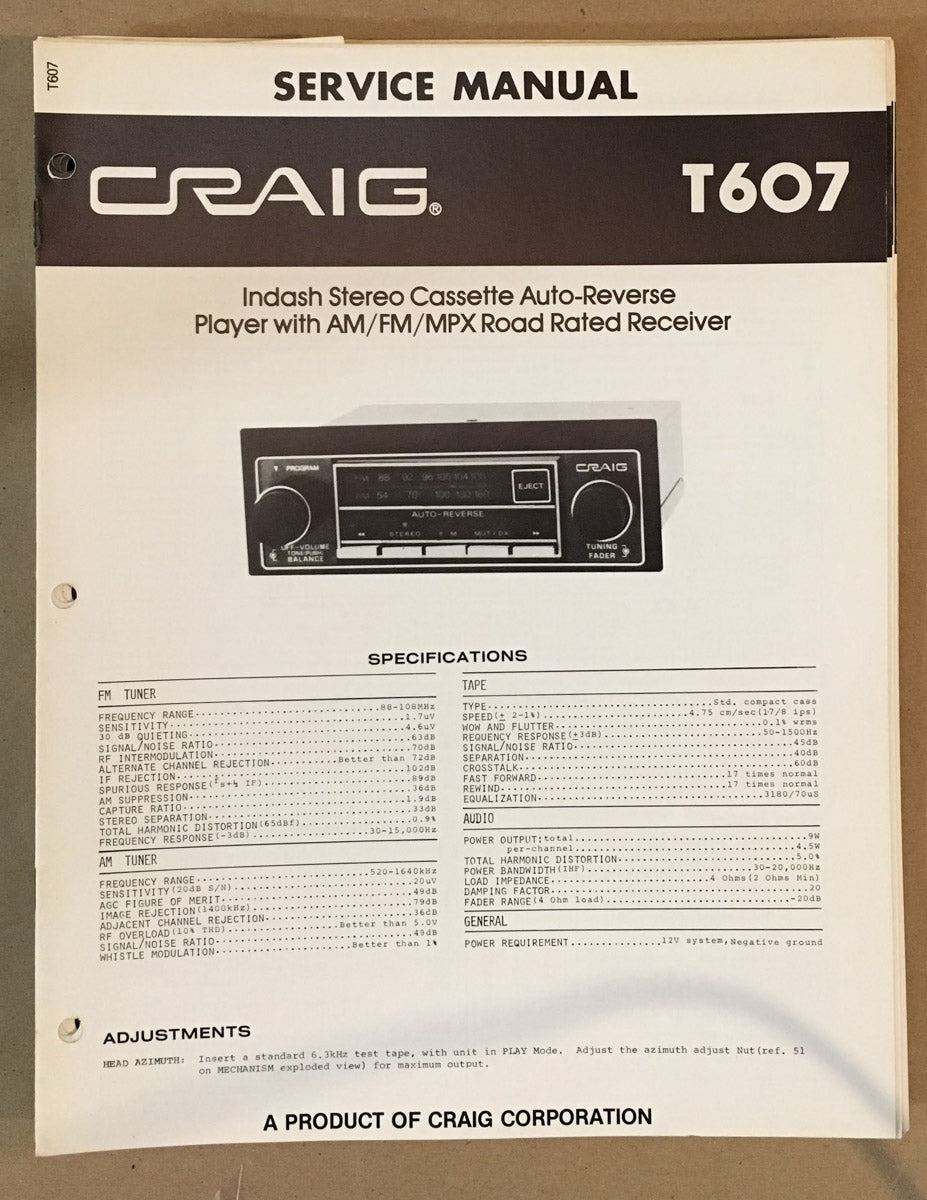 Craig Model T607 Car Stereo / Cassette Service Manual *Original ...