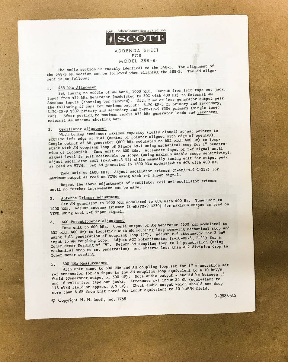 H.H. Scott Model 388-B Receiver Addenda Sheet *Original* – Vintage ...