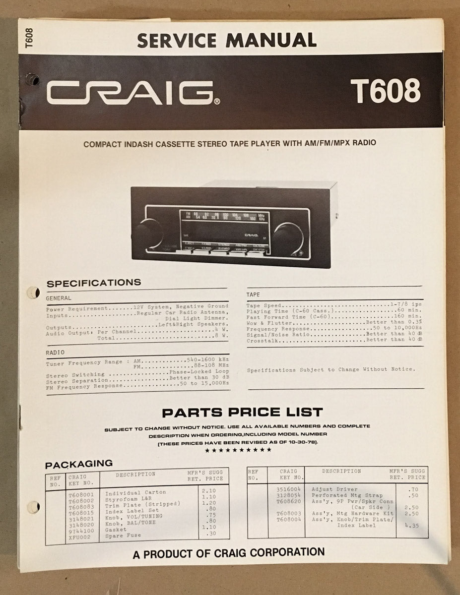 Craig Model T608 Car Stereo / Cassette Service Manual *Original ...
