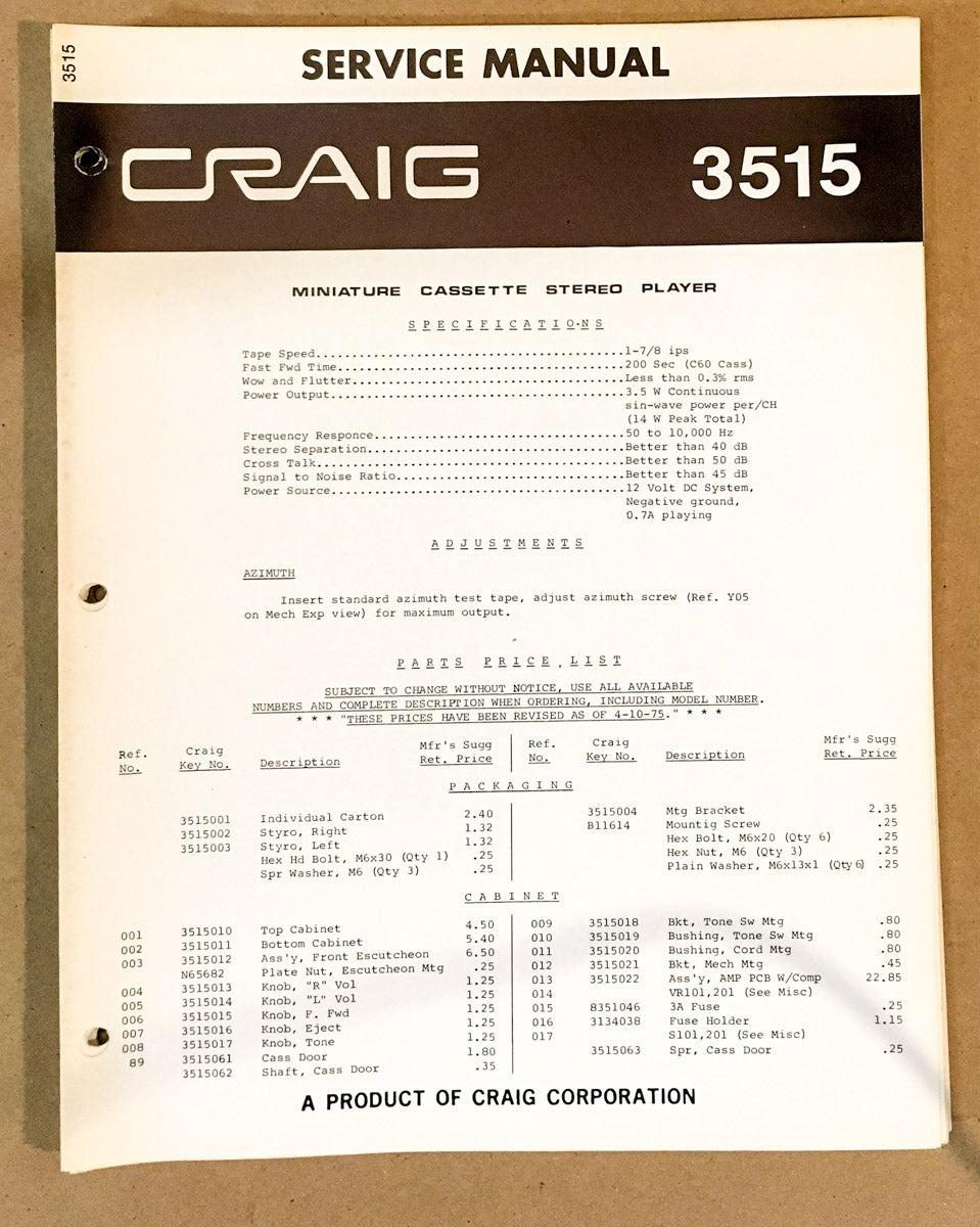 Craig Model 3515 8 Track Stereo Service Manual *Original* – Vintage ...