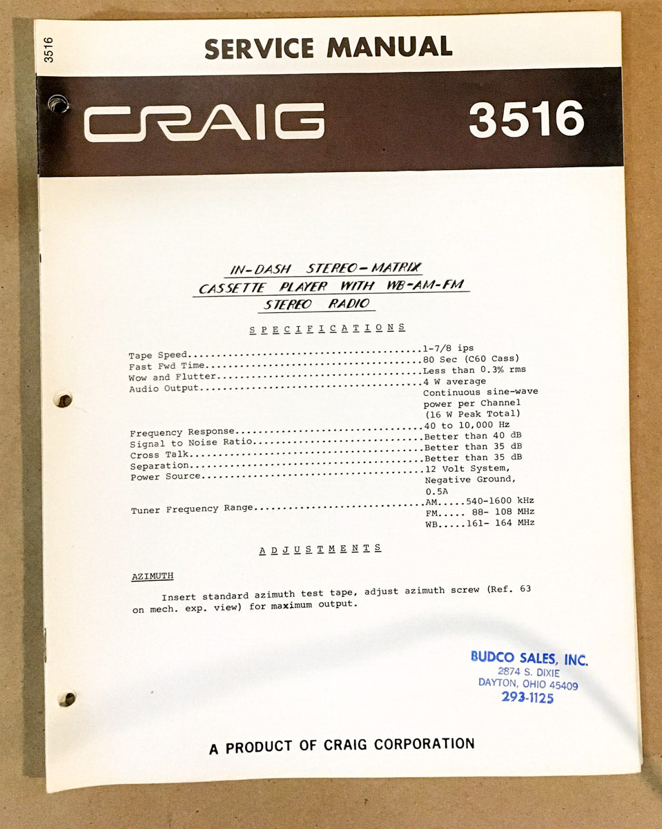 Craig Model 3516 8 Track Stereo Service Manual *Original* – Vintage ...