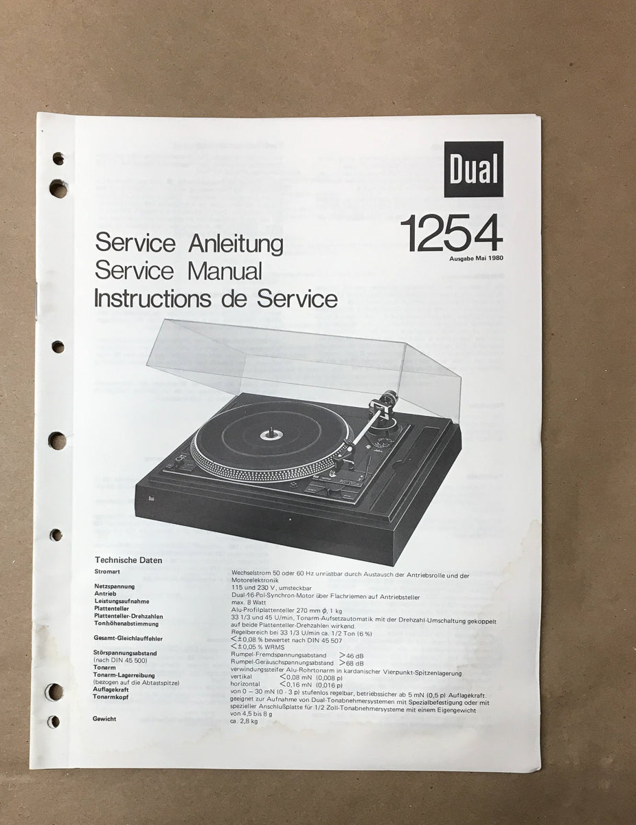 Dual Model 1254 Record Player / Turntable Service Manual *Original ...
