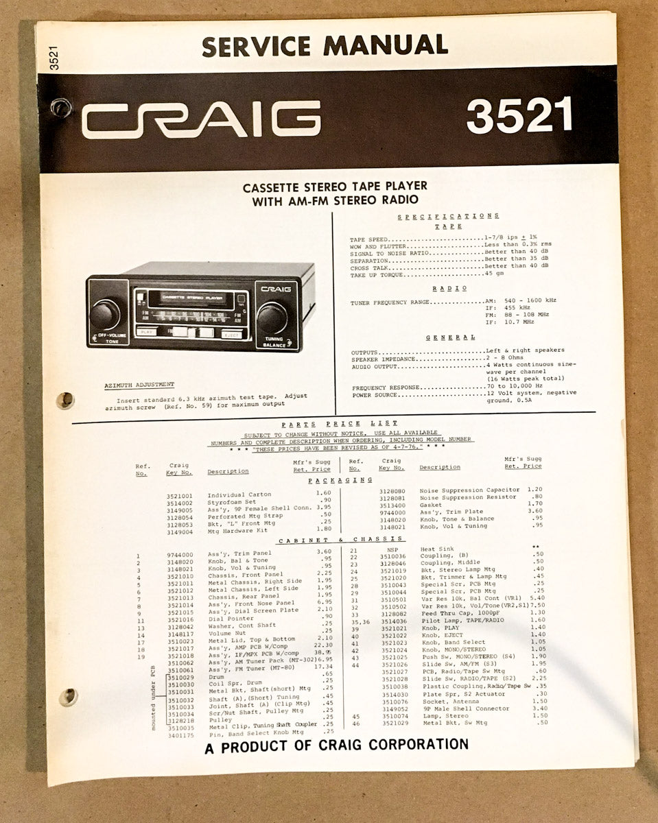 Craig Model 3521 8 Track Stereo Service Manual *Original* – Vintage ...