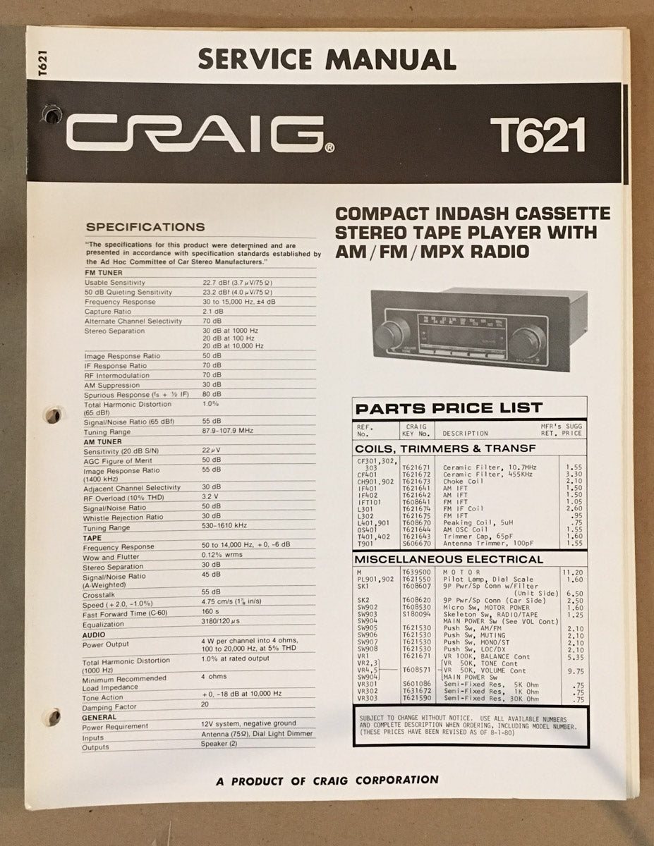 Craig Model T621 Car Stereo / Cassette Service Manual *Original ...