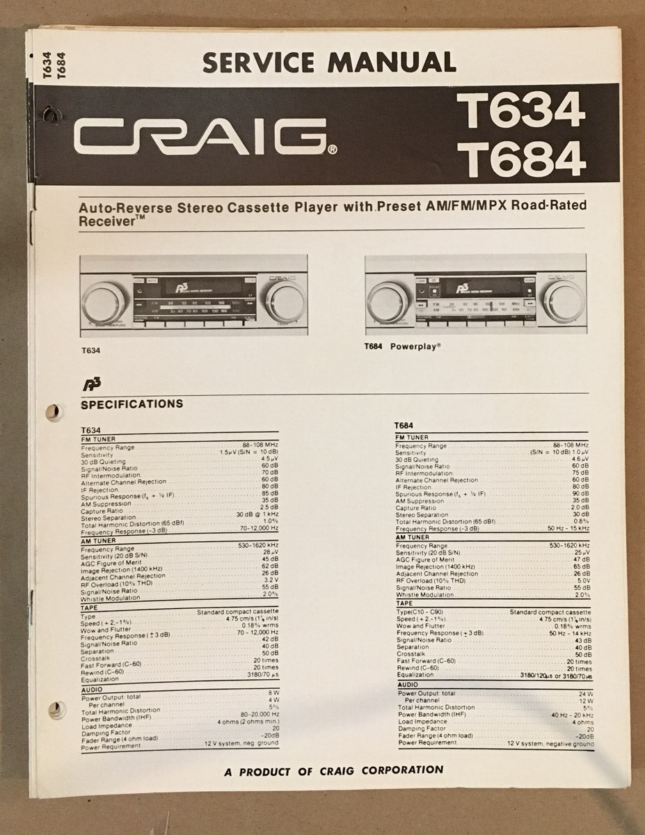 Craig Model T634 T684 Car Stereo / Cassette Service Manual *Original ...