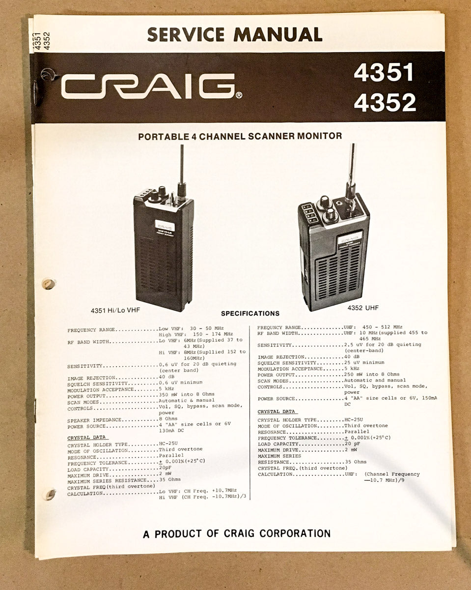 Craig Model 4351 4352 Scanning Monitor Service Manual *Original ...