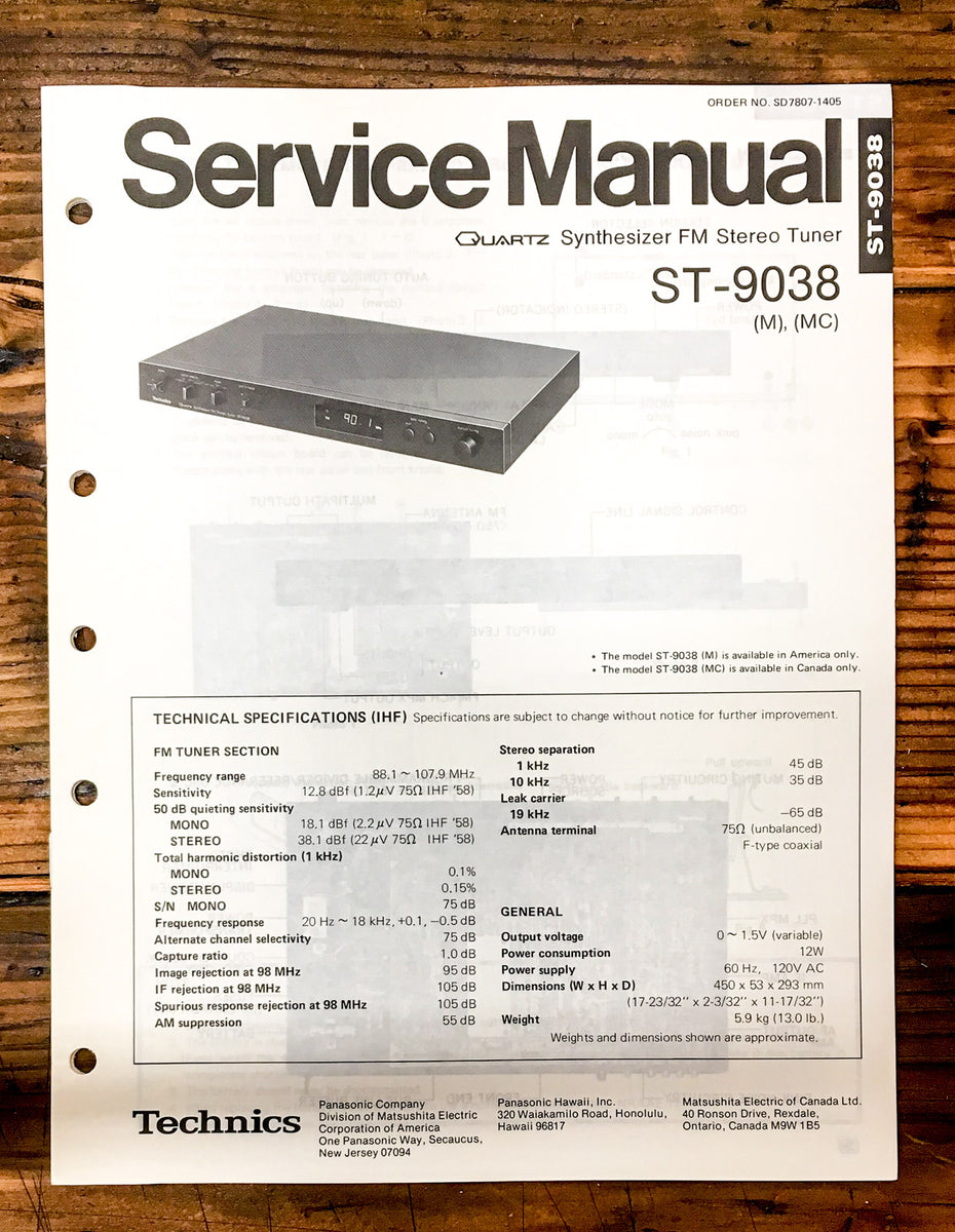Technics ST-9038 Tuner Service Manual *Original* – Vintage Audio Store ...
