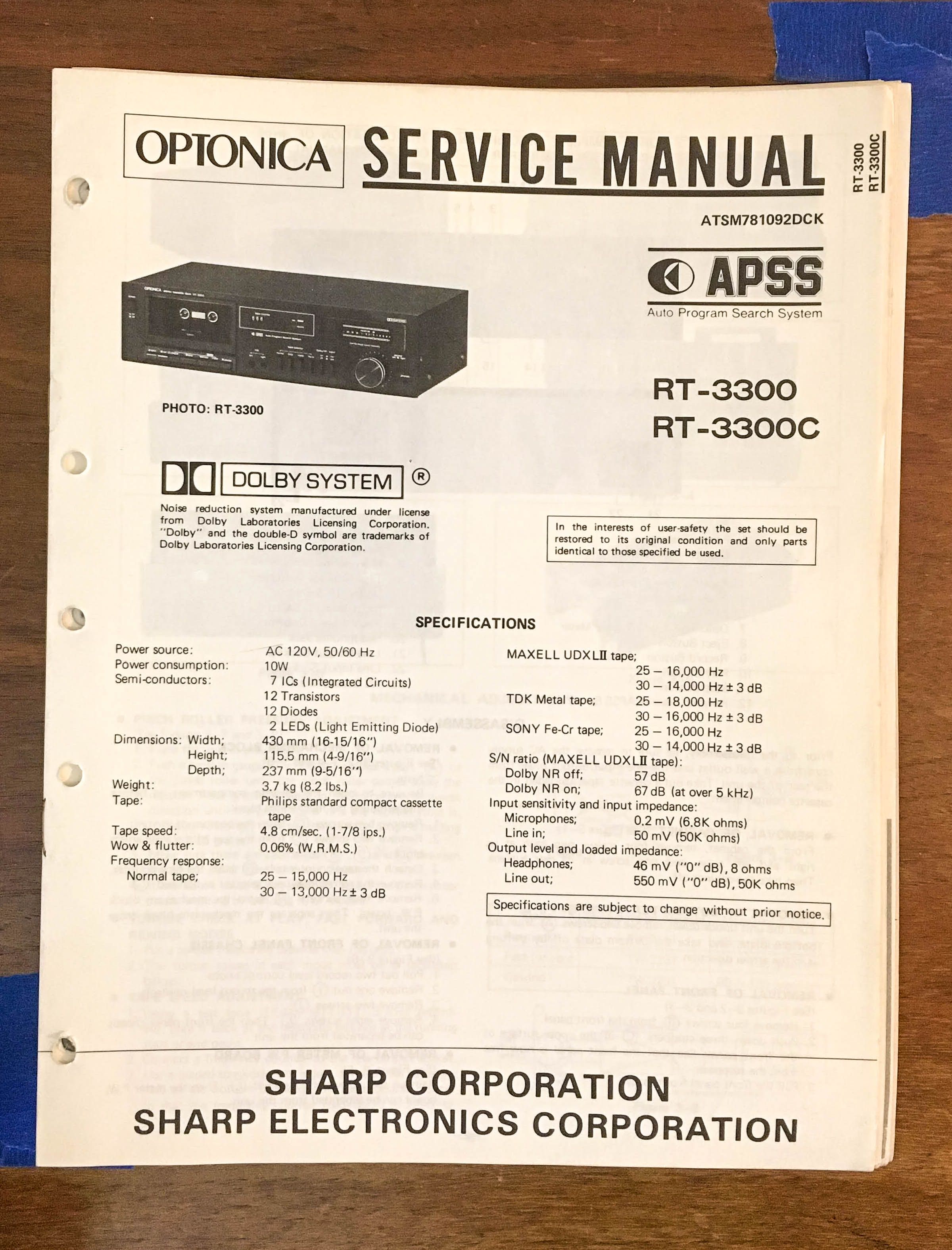Sharp RT-3300 3300C Cassette Tape Recorder Service Manual *Original ...