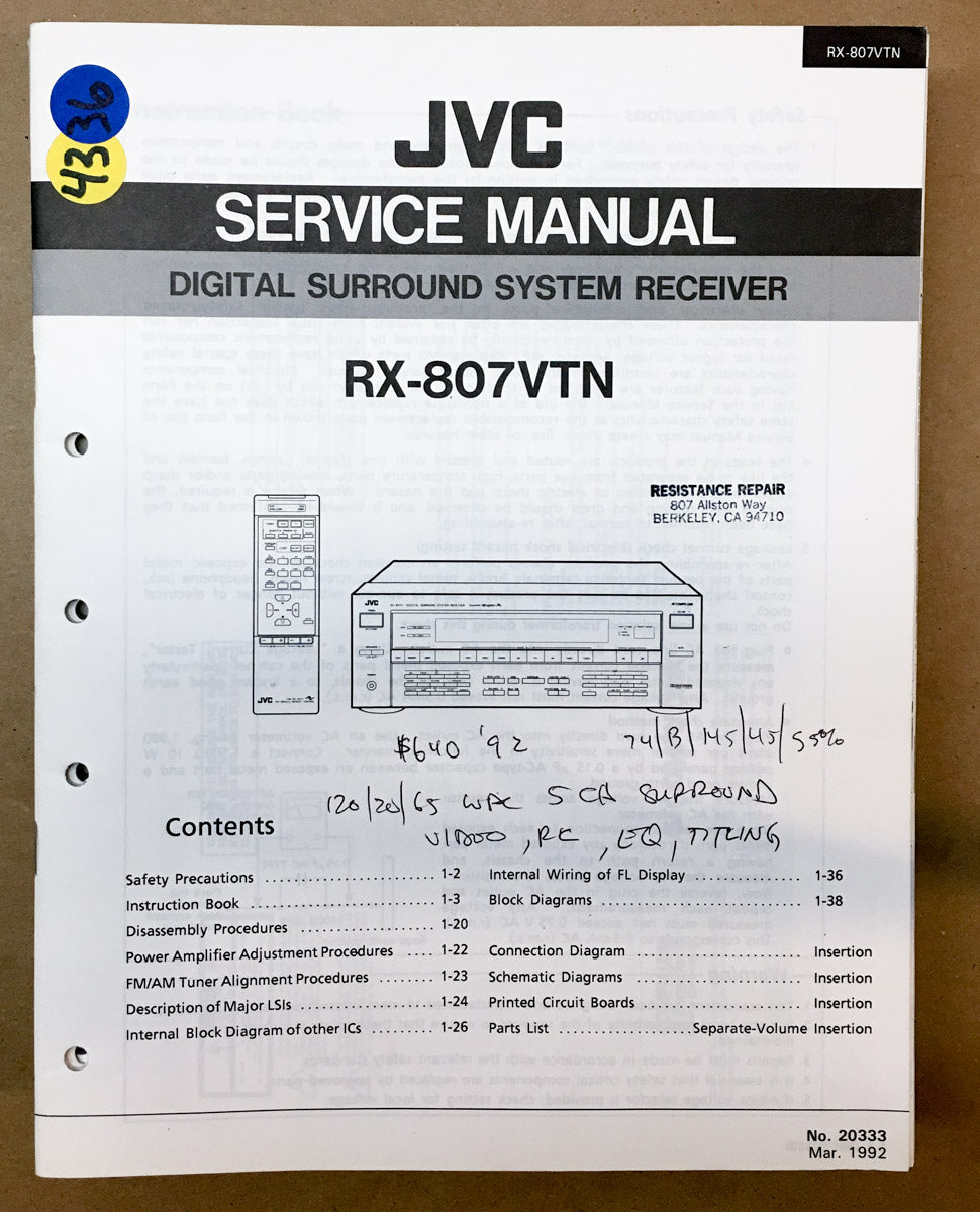JVC RX-807VTN 807 VTN Receiver Service Manual *Original* – Vintage ...