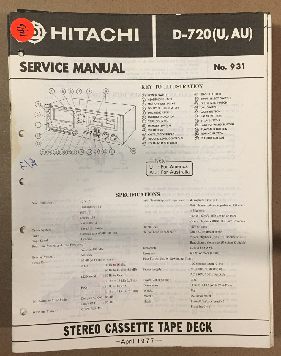 Hitachi D-720 Cassette Service Manual *Original* – Vintage Audio Store ...