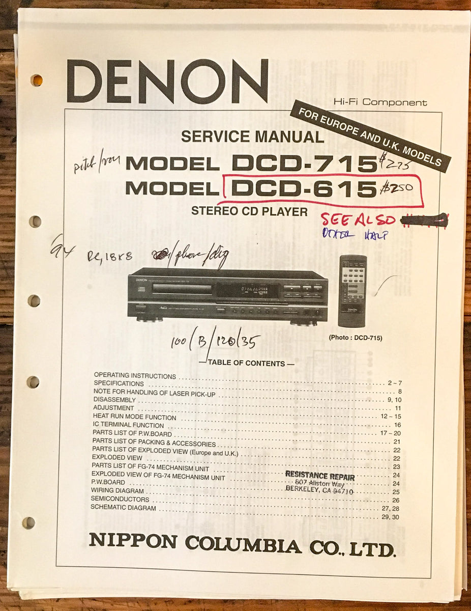 Denon DCD-615 DCD-715 CD Player Service Manual *Original* – Vintage ...