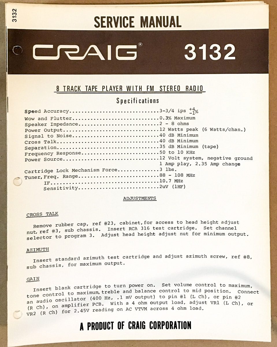 Craig Model 3132 8 Track Stereo Service Manual *Original* – Vintage ...