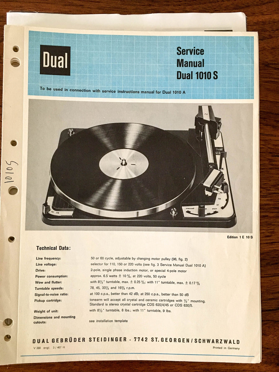 Dual 1010S 1010 S Record Player / Turntable Service Manual *Original ...