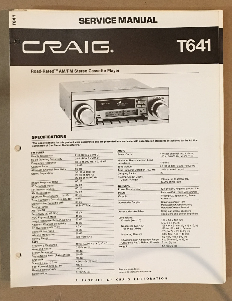 Craig Model T641 Car Stereo / Cassette Service Manual *Original ...