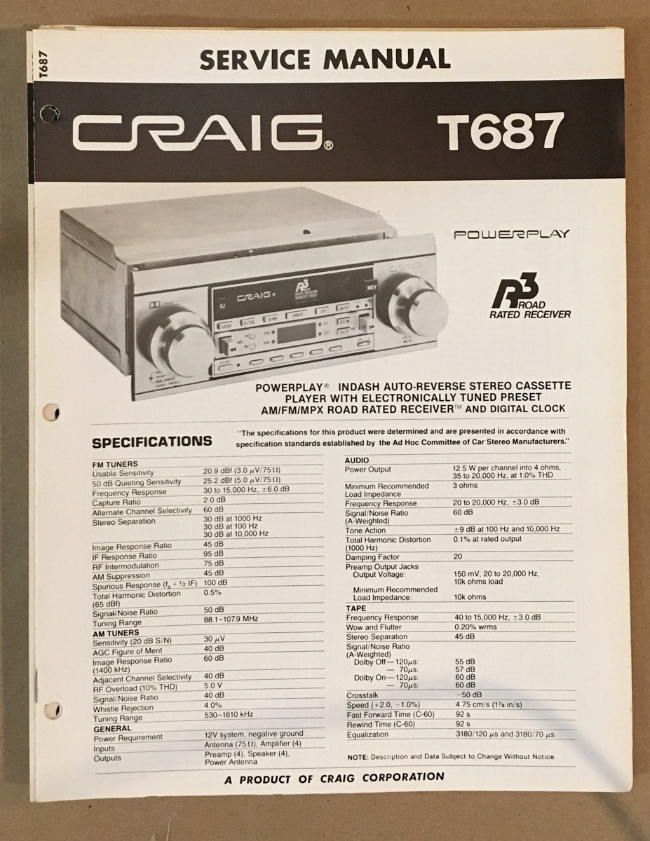 Craig Model T687 Car Stereo / Cassette Service Manual *Original ...