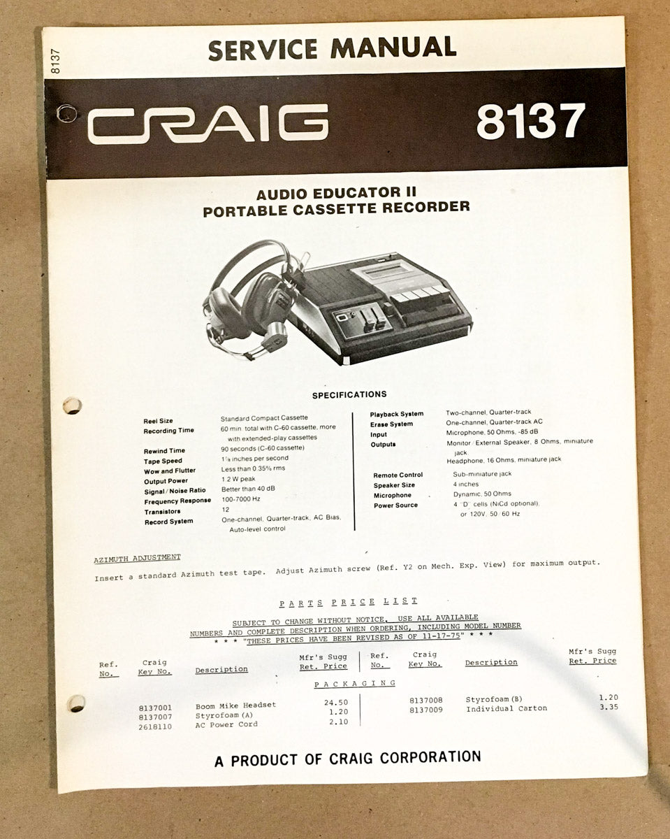 Craig Model 8137 Cassette Service Manual *Original* – Vintage Audio ...