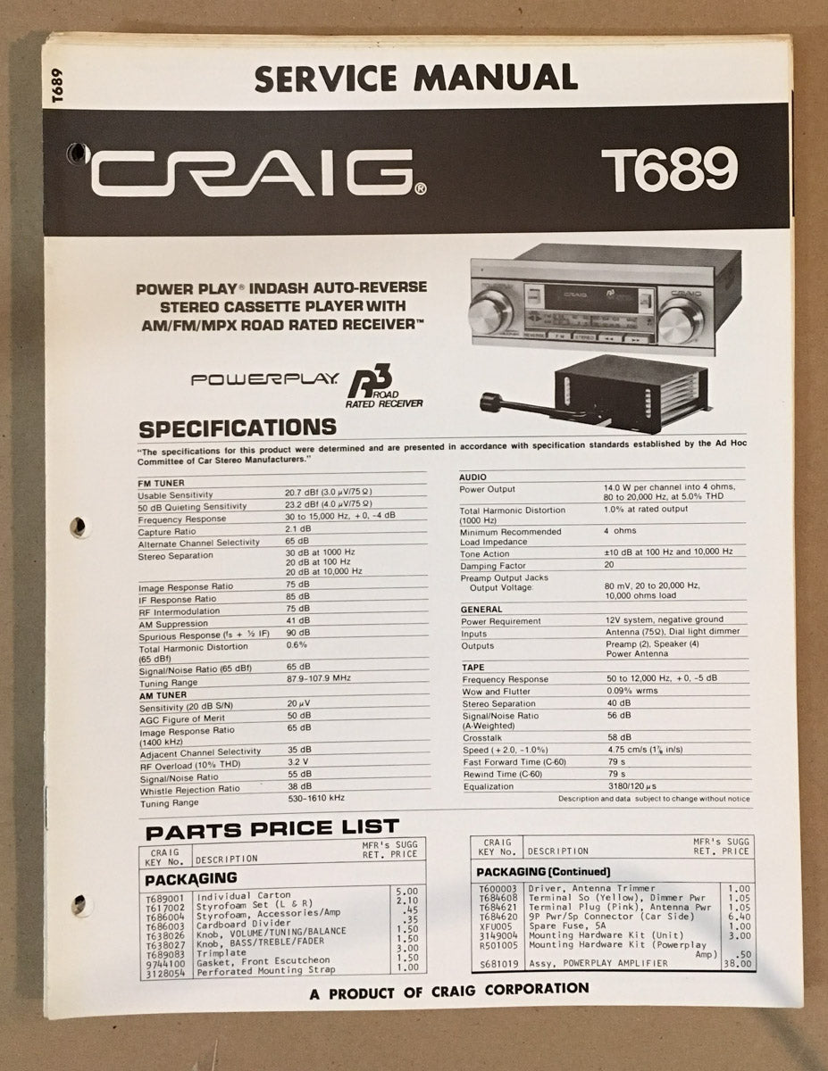 Craig Model T689 Car Stereo / Cassette Service Manual *Original ...