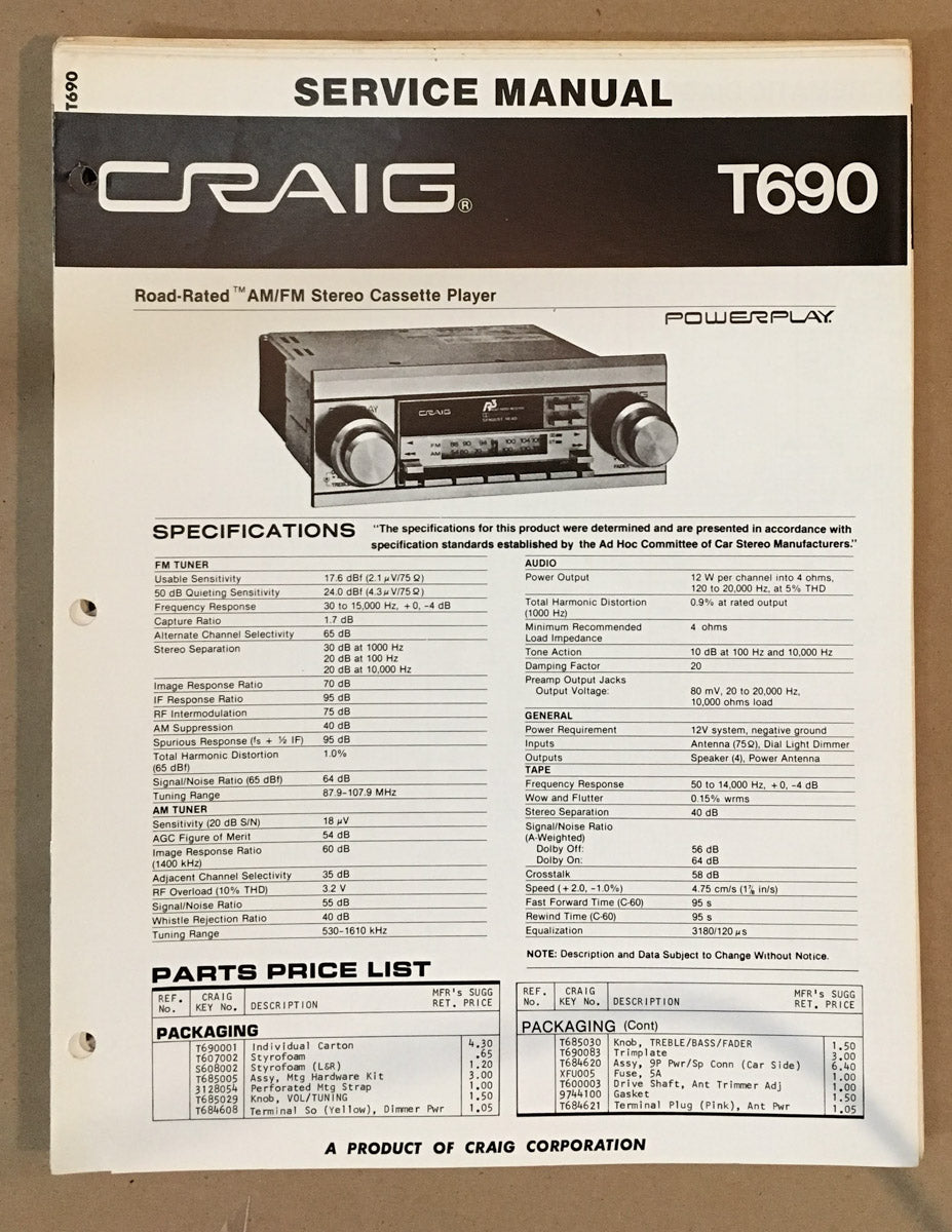 Craig Model T690 Car Stereo / Cassette Service Manual *Original ...
