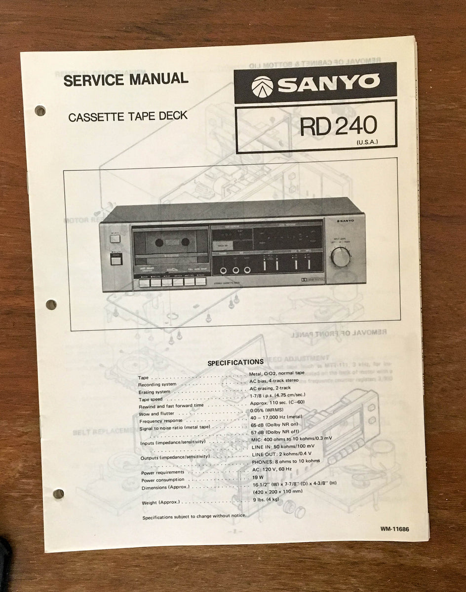 Sanyo RD 240 Tape Cassette Deck Service Manual *Original* – Vintage ...