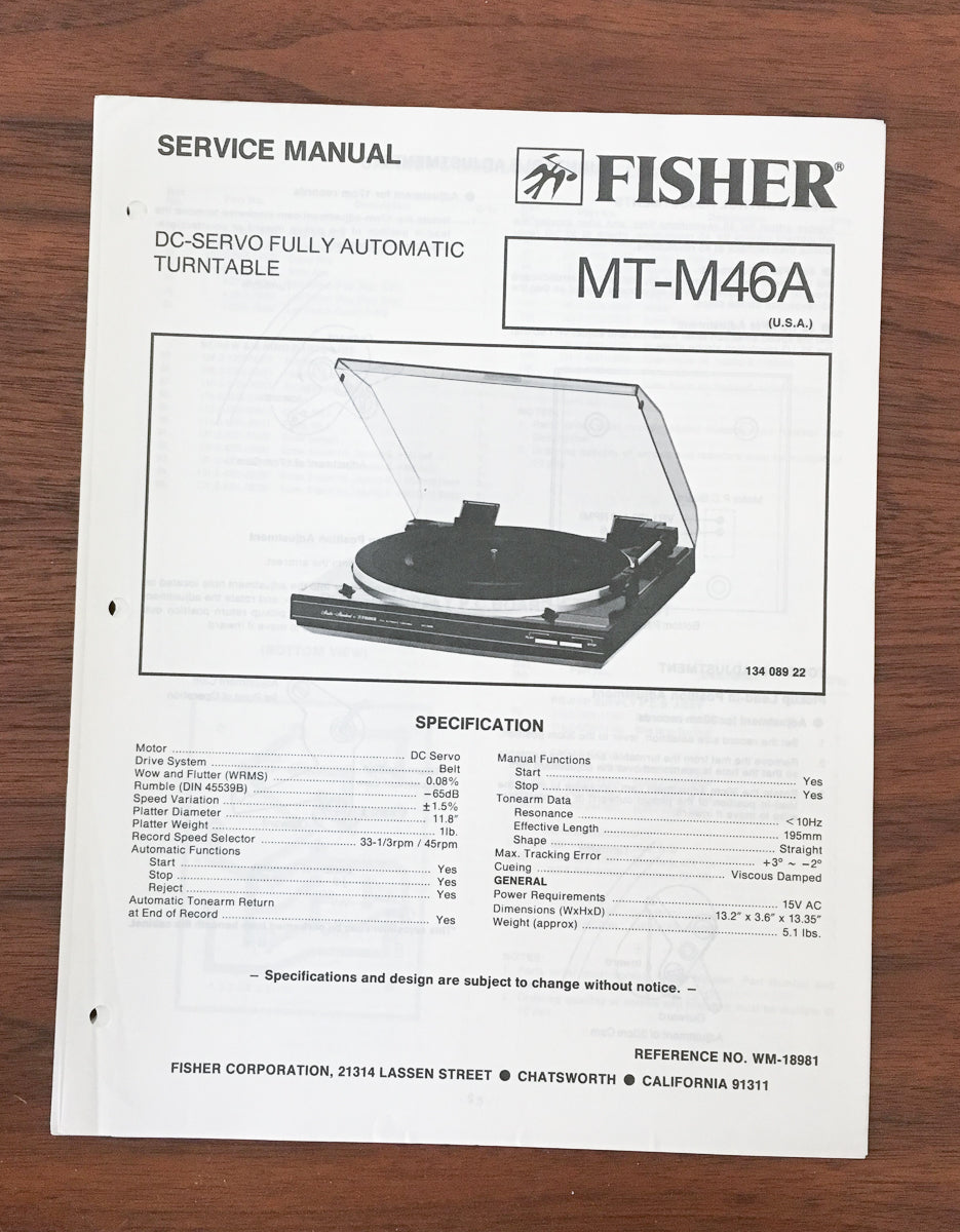 Fisher MT-M46A Record Player / Turntable Service Manual *Original ...
