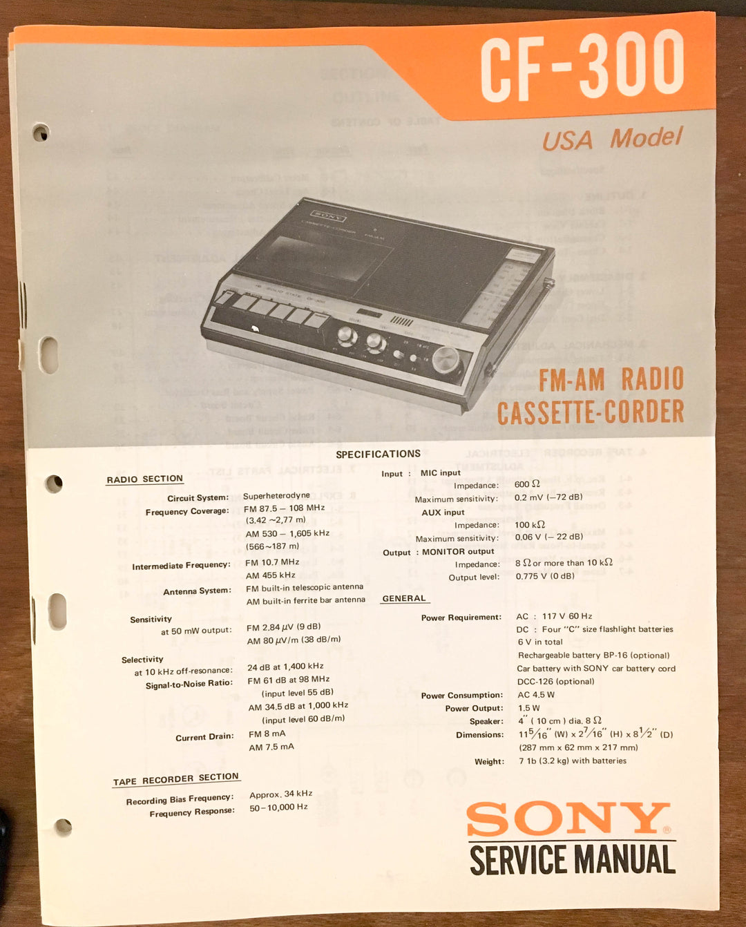 Sony CF-300 RADIO CASSETTE Service Manual *Original* #1 – Vintage Audio ...