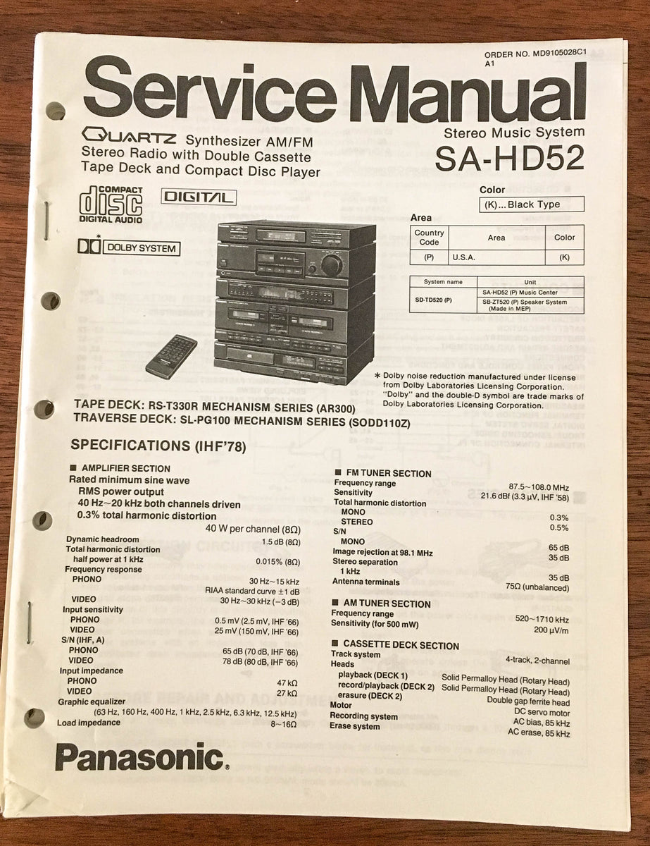Panasonic SA-HD52 Stereo System Service Manual *Original* – Vintage ...