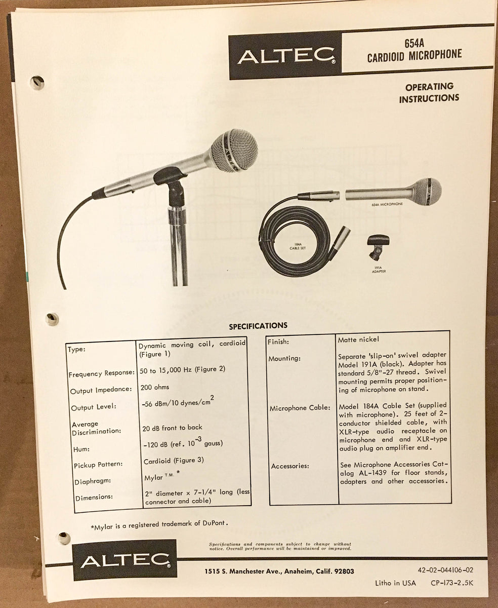 Altec 654A Microphone Operating Instructions *Original* – Vintage Audio ...