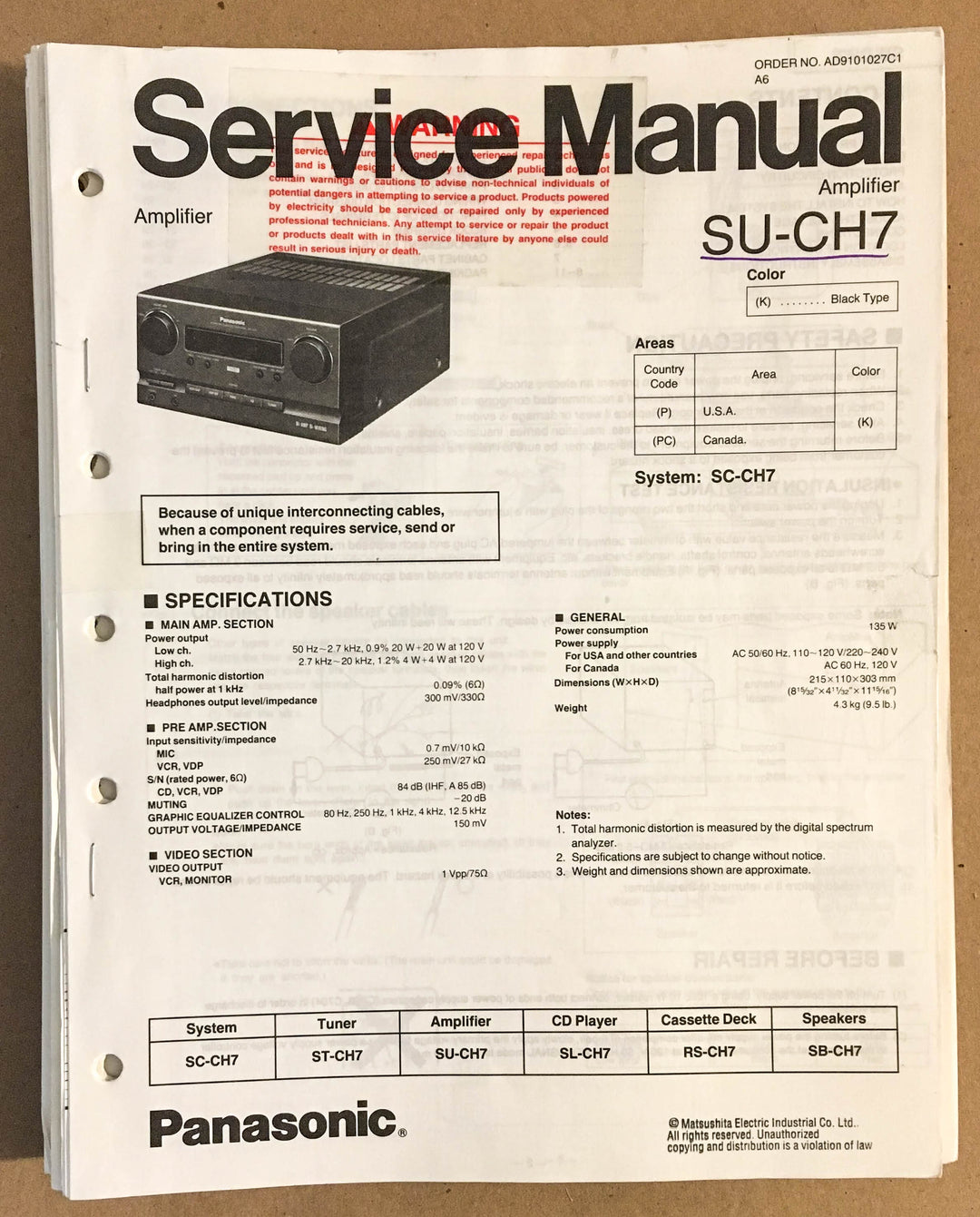 Technics / Panasonic SU-CH7 Preamp / Preamplifier Service Manual *Orig ...