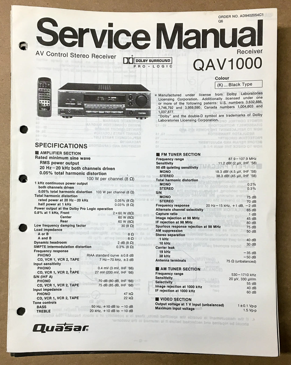 Quasar / Technics QAV1000 QAV-1000 Receiver Service Manual *Original ...