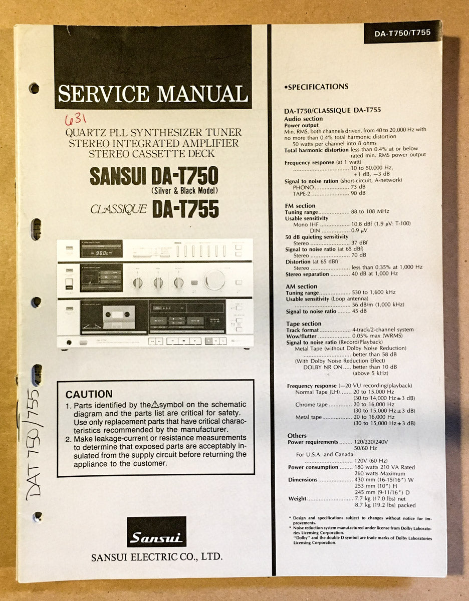 Sansui DA-T750 DA-T755 Stereo Tuner Amplifier Service Manual *Original ...
