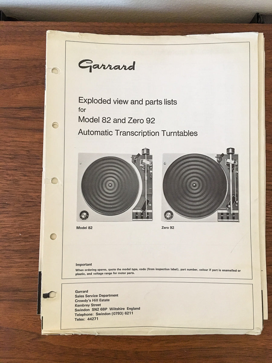 Garrard Model 82 Zero 92 Record Player / Turntable Service Manual *Ori ...