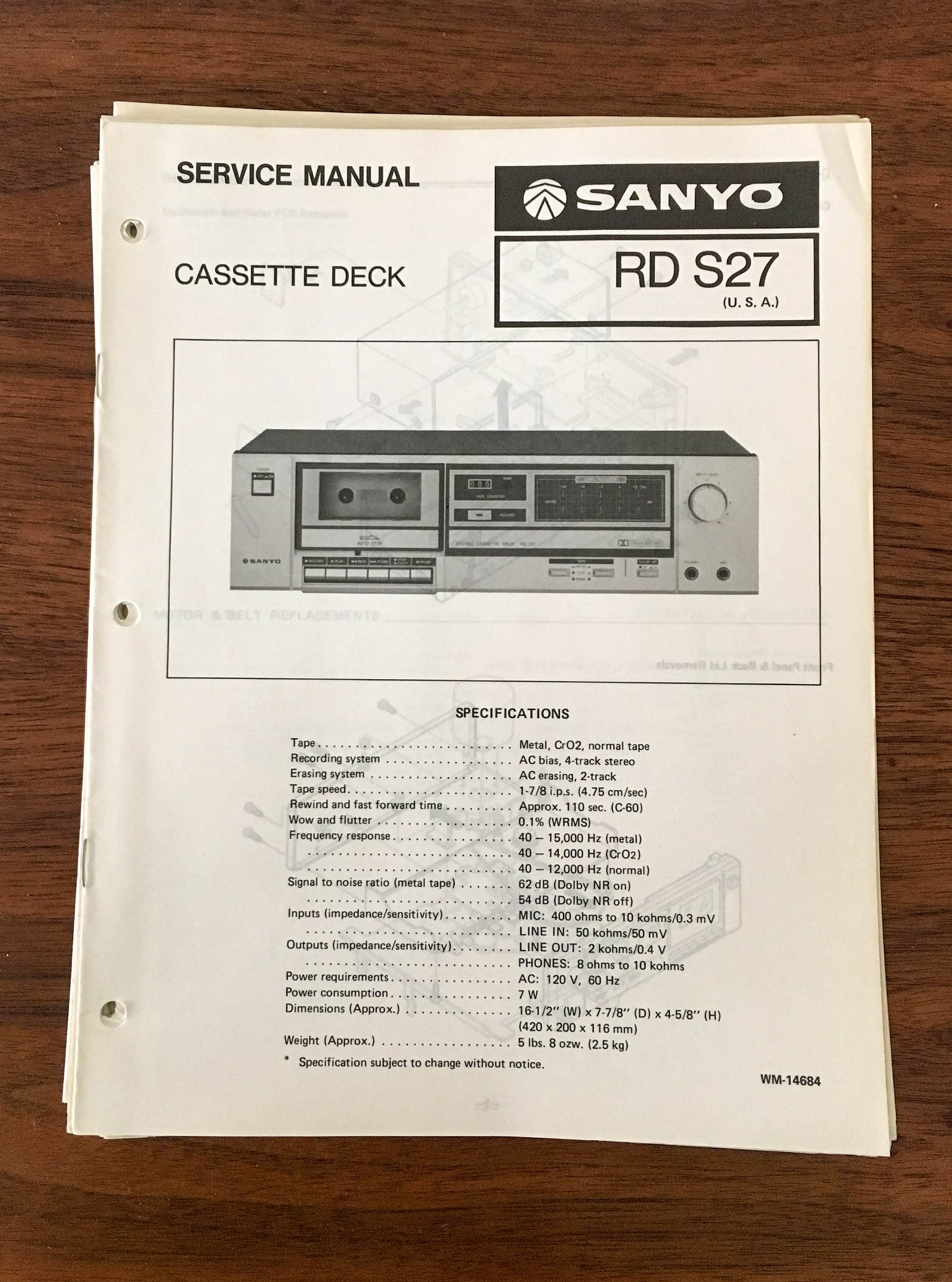 Sanyo RD S27 Cassette Deck Service Manual *Original* – Vintage Audio ...