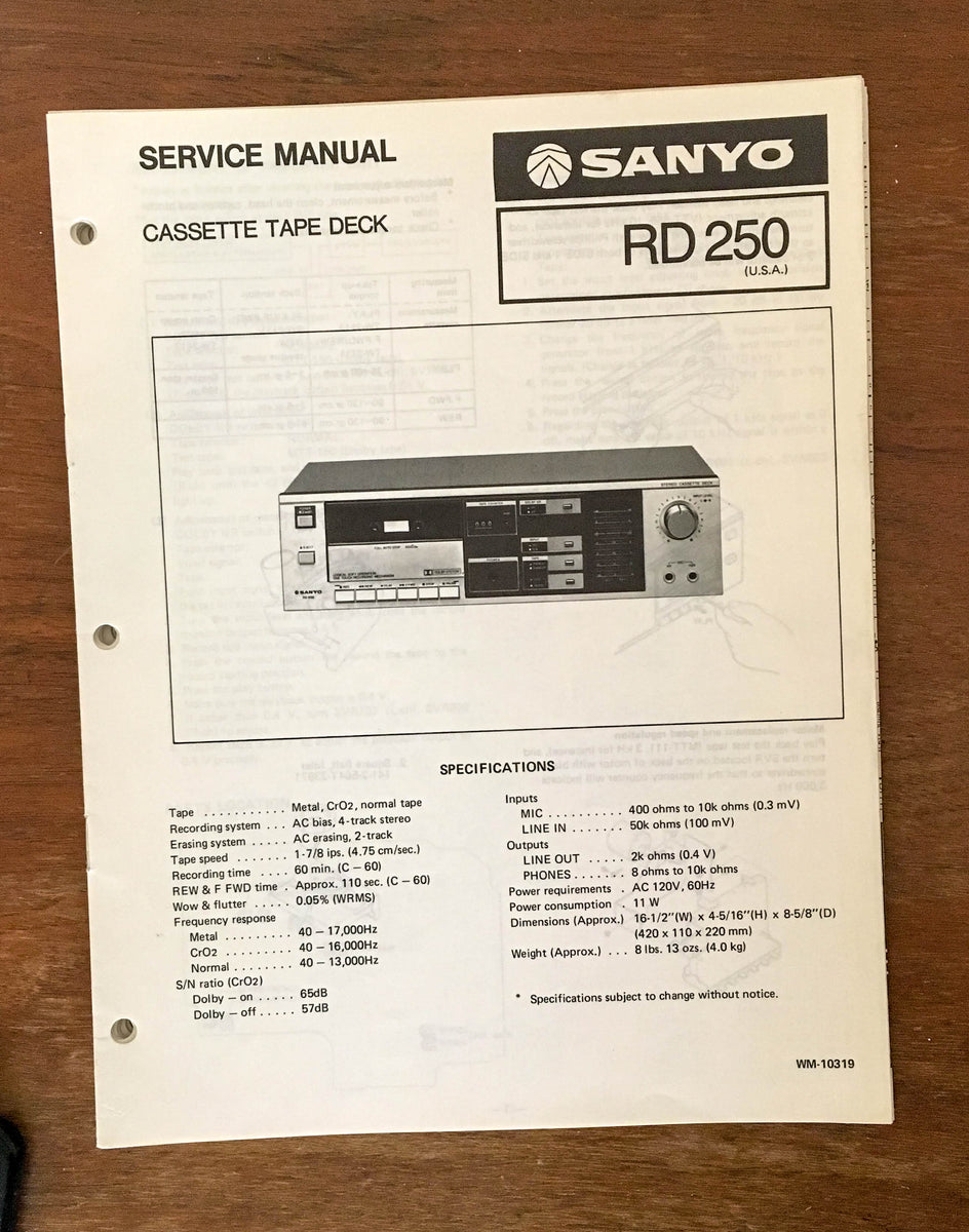 Sanyo RD 250 Tape Cassette Deck Service Manual *Original* – Vintage ...